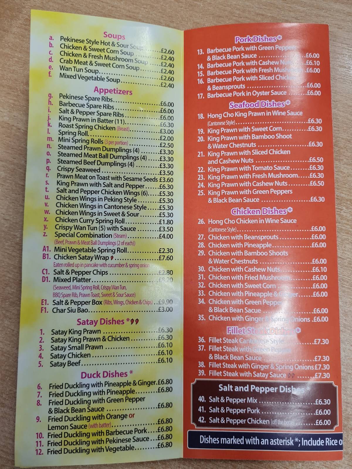 Menu at Fortuna Chinese fast food, Manchester
