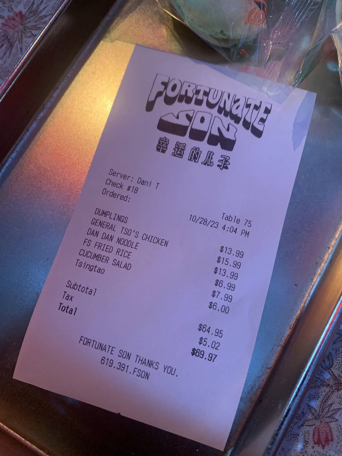 Menu at Fortunate Son Chinese restaurant, San Diego