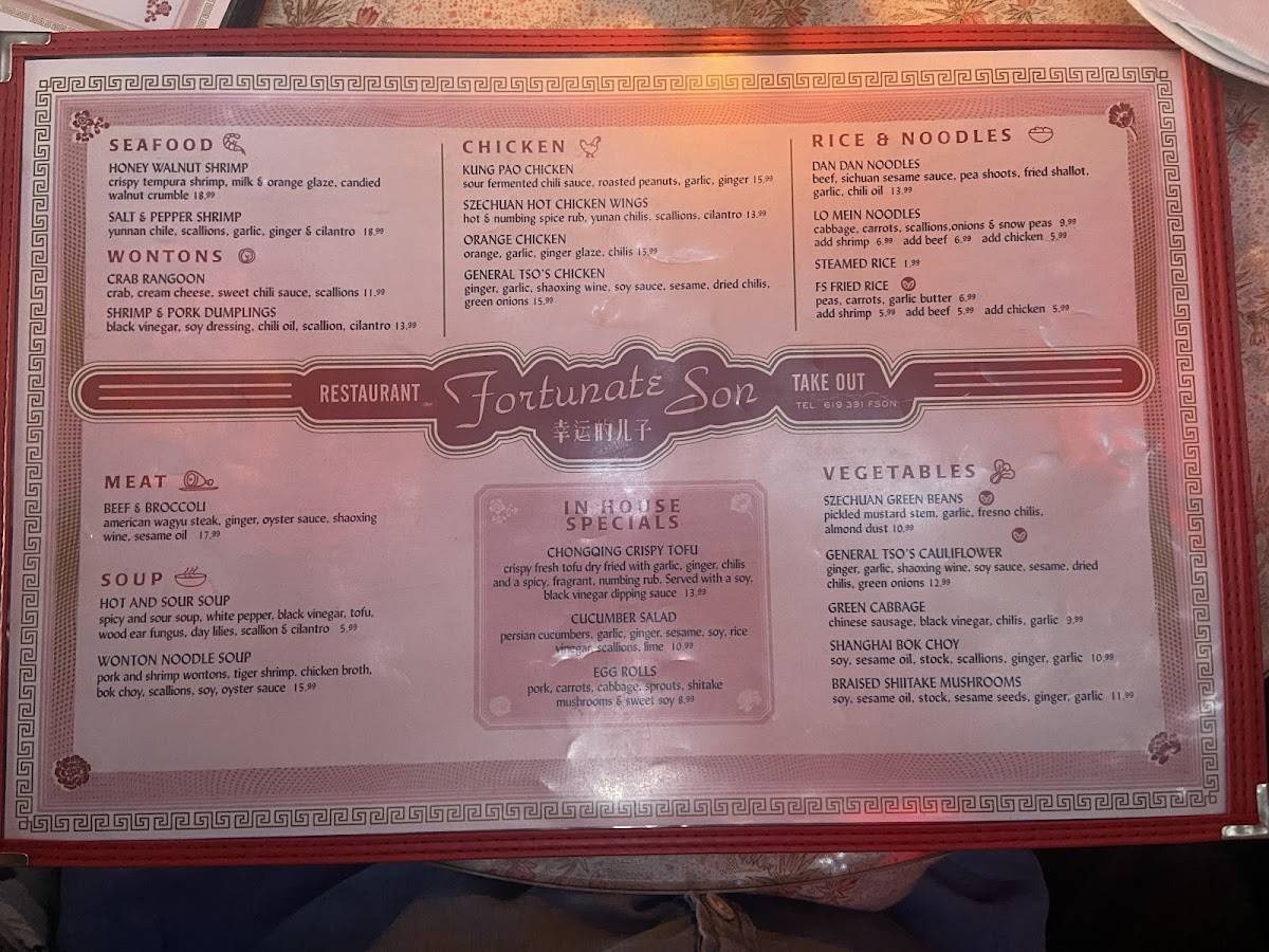 Menu at Fortunate Son Chinese restaurant, San Diego