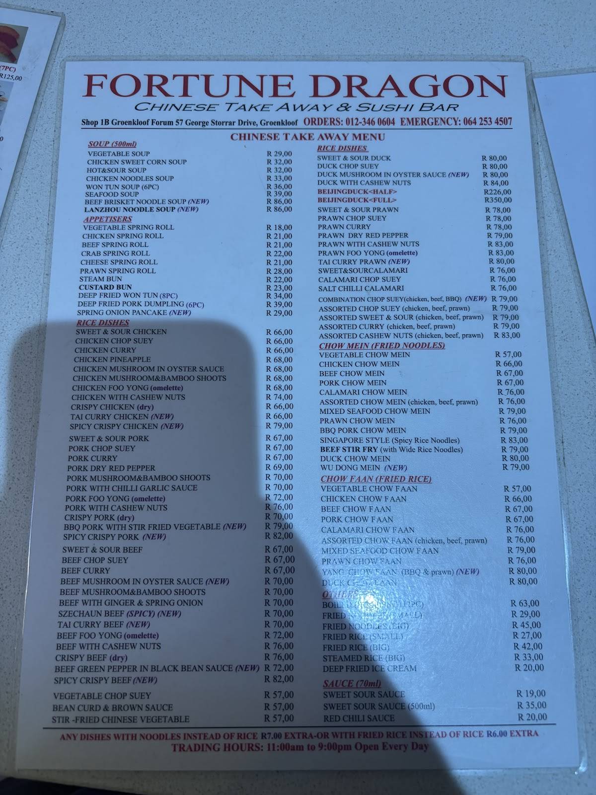 Menu at Fortune Dragon Chinese Restaurant, Pretoria, 45-