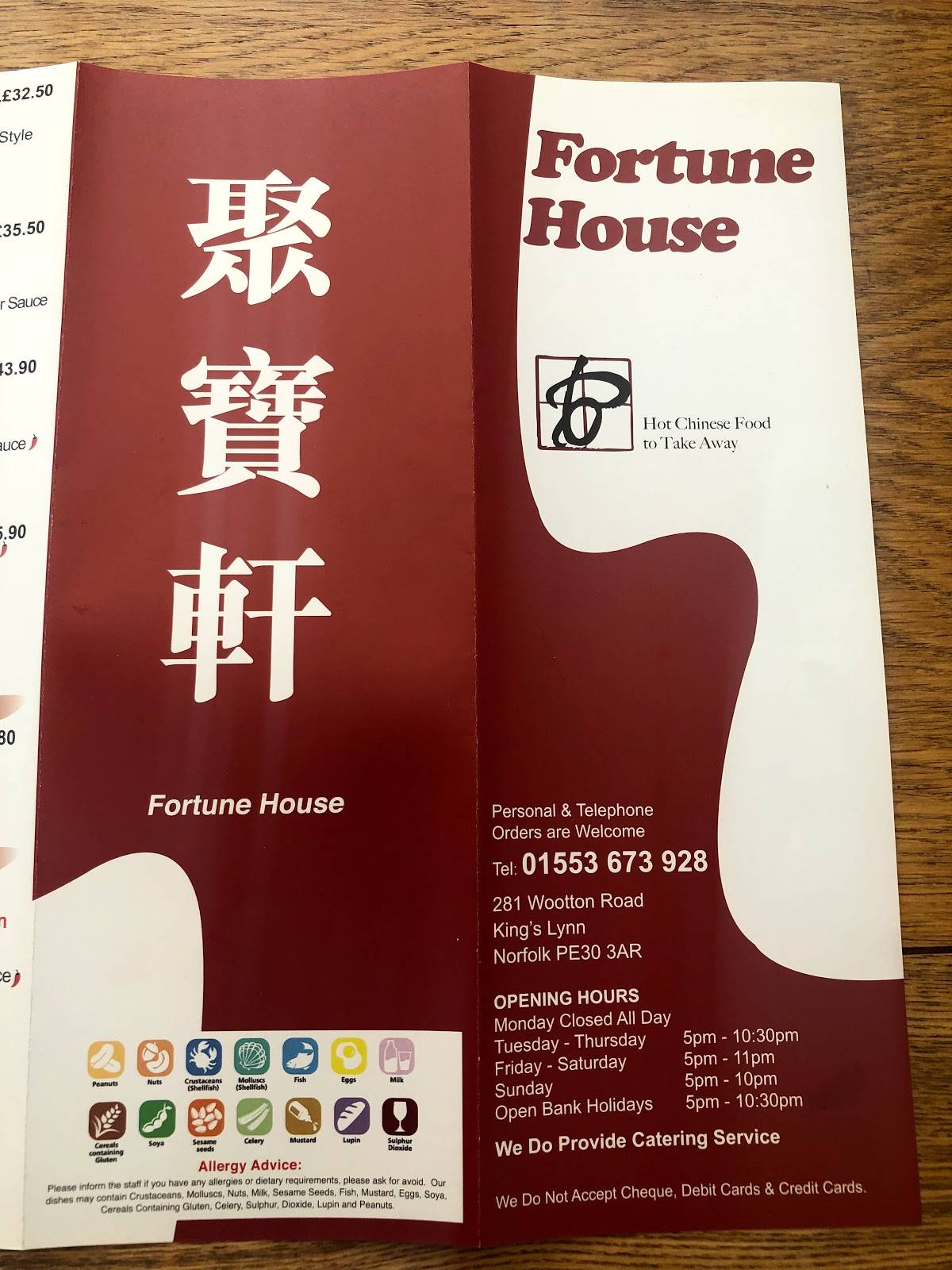 Menu at Fortune House fast food, King's Lynn, 281 Wootton Rd