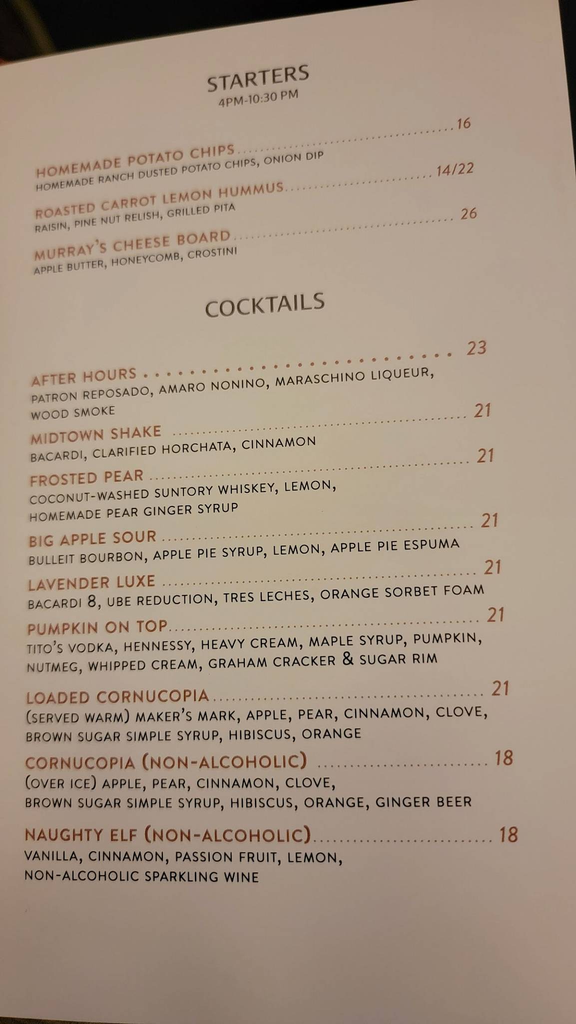 Menu at Foundry Bar, New York City, 270 West 43rd St