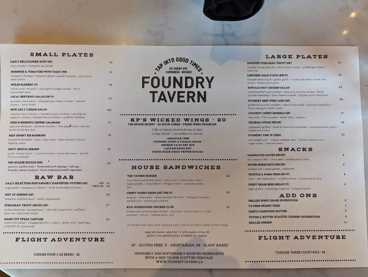 Menu at Foundry Tavern pub & bar, Cambridge