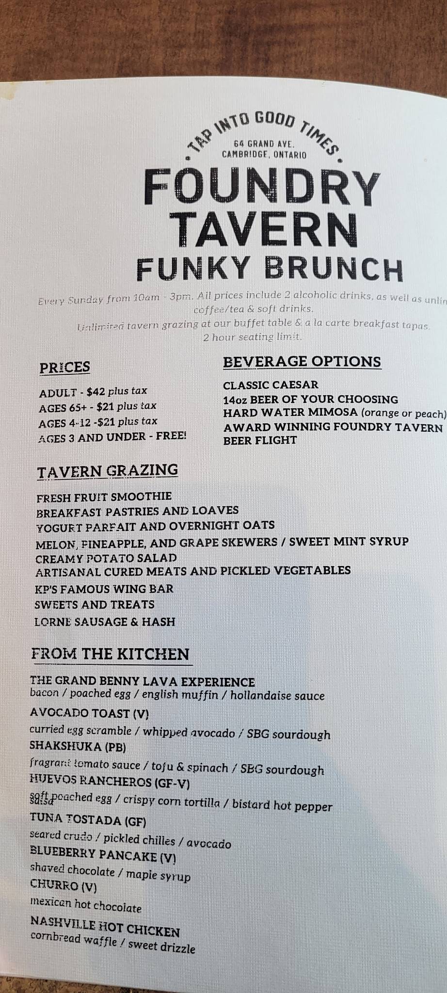 Menu at Foundry Tavern pub & bar, Cambridge