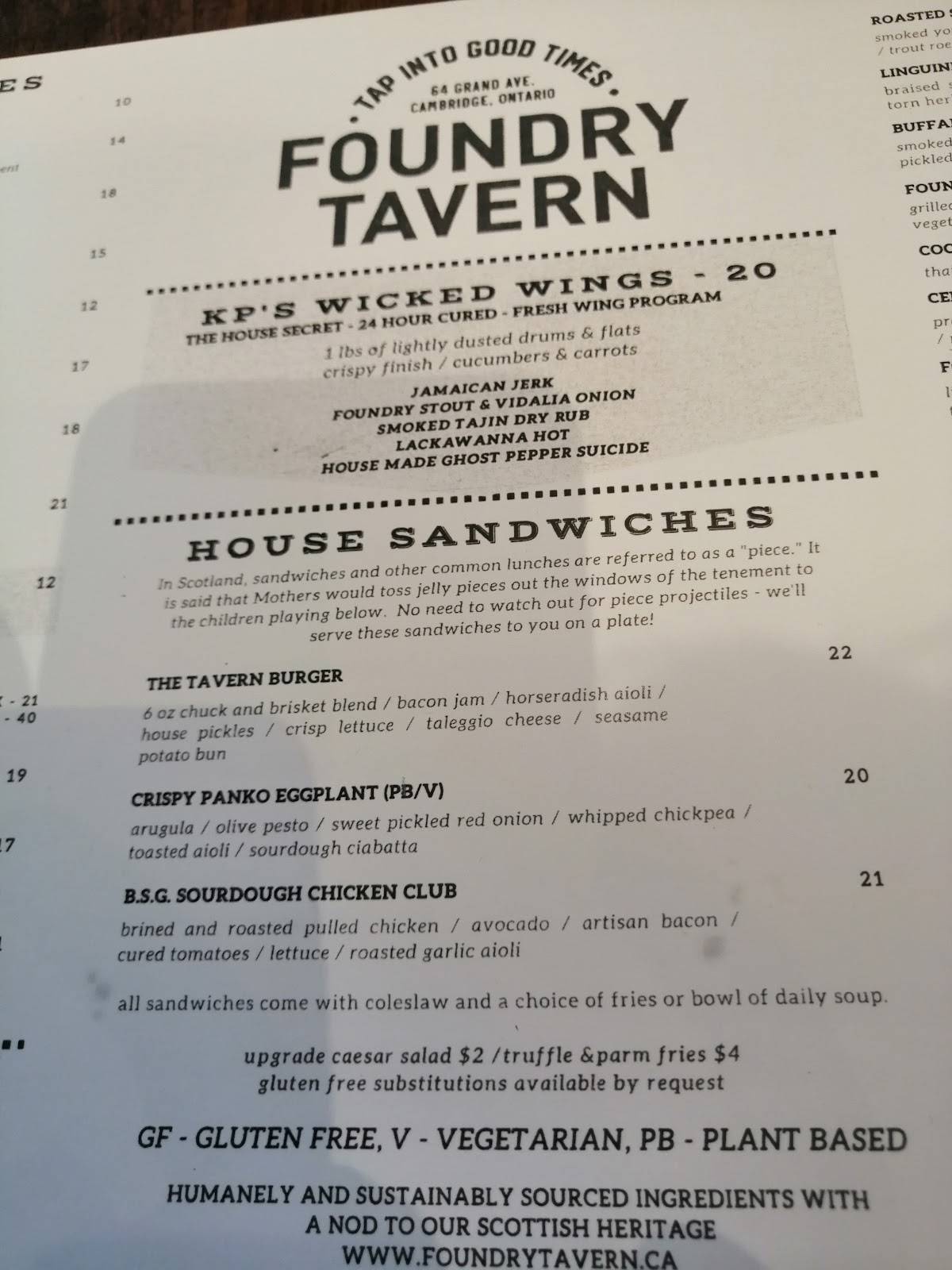 Menu at Foundry Tavern pub & bar, Cambridge