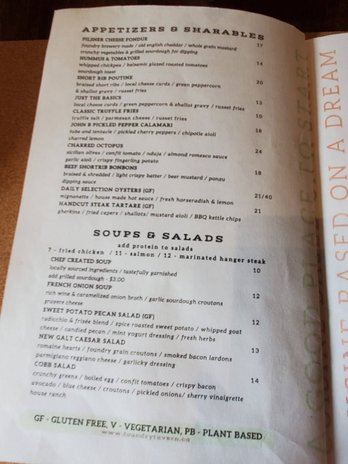 Menu at Foundry Tavern pub & bar, Cambridge