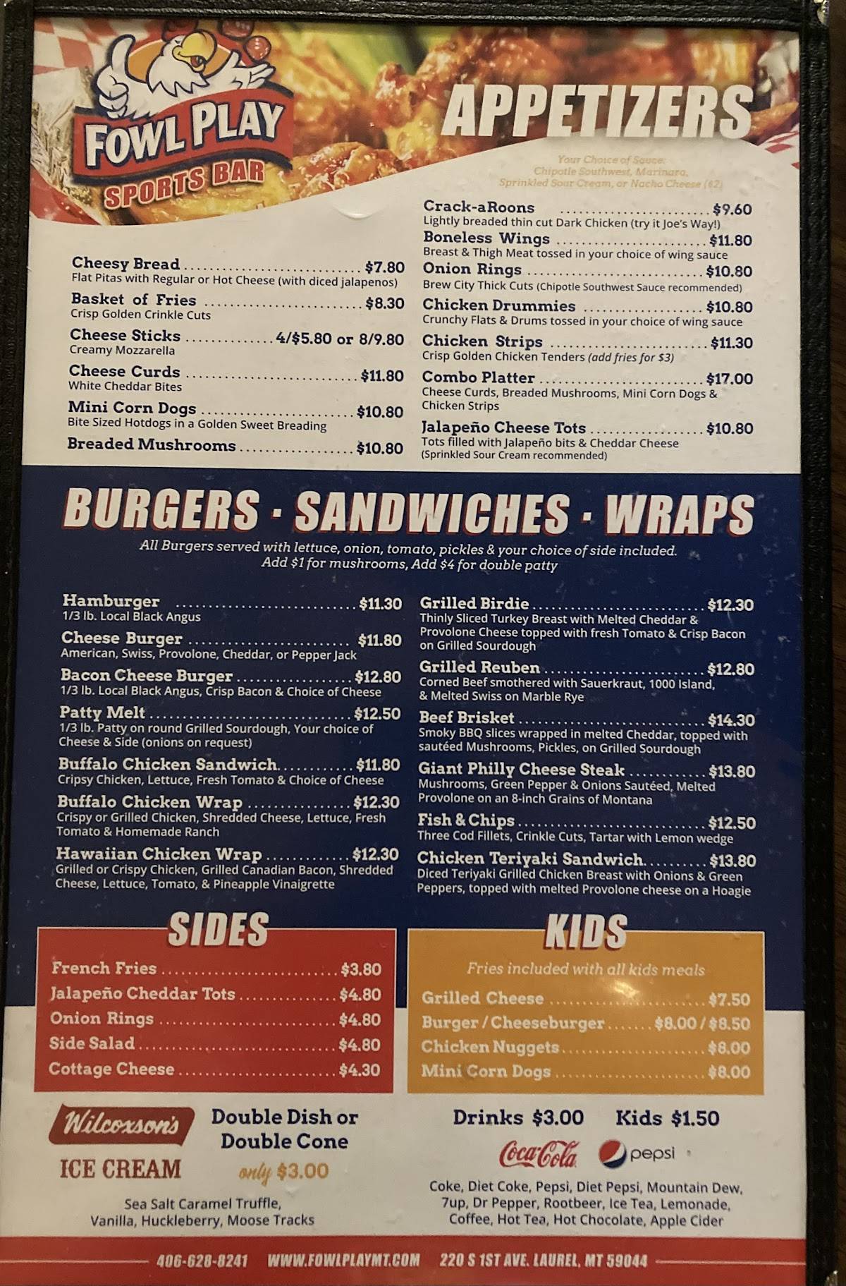 Menu at Fowl Play Sports Bar & Casino, Laurel