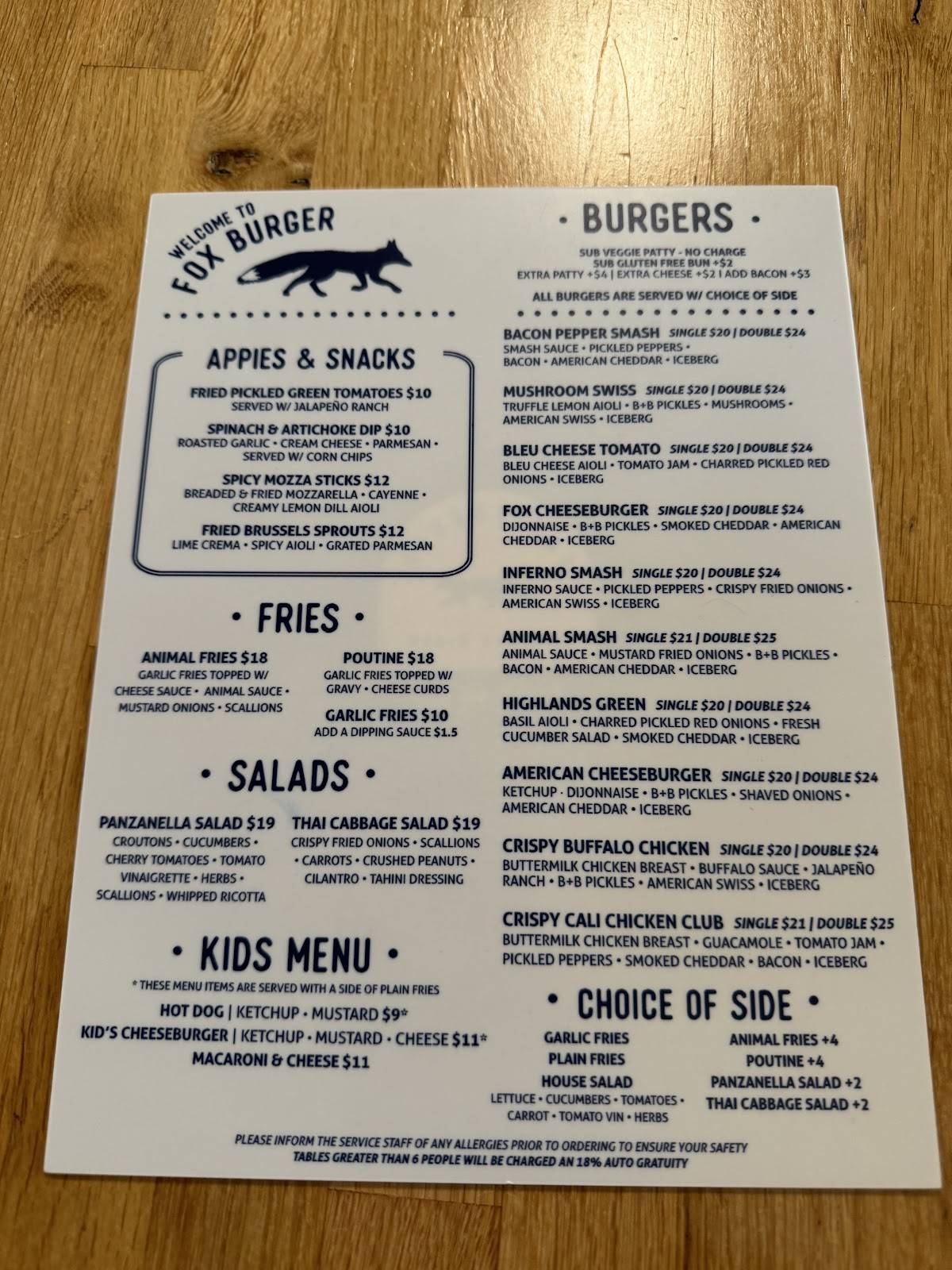 Carta del restaurante Fox Burger, Edmonton