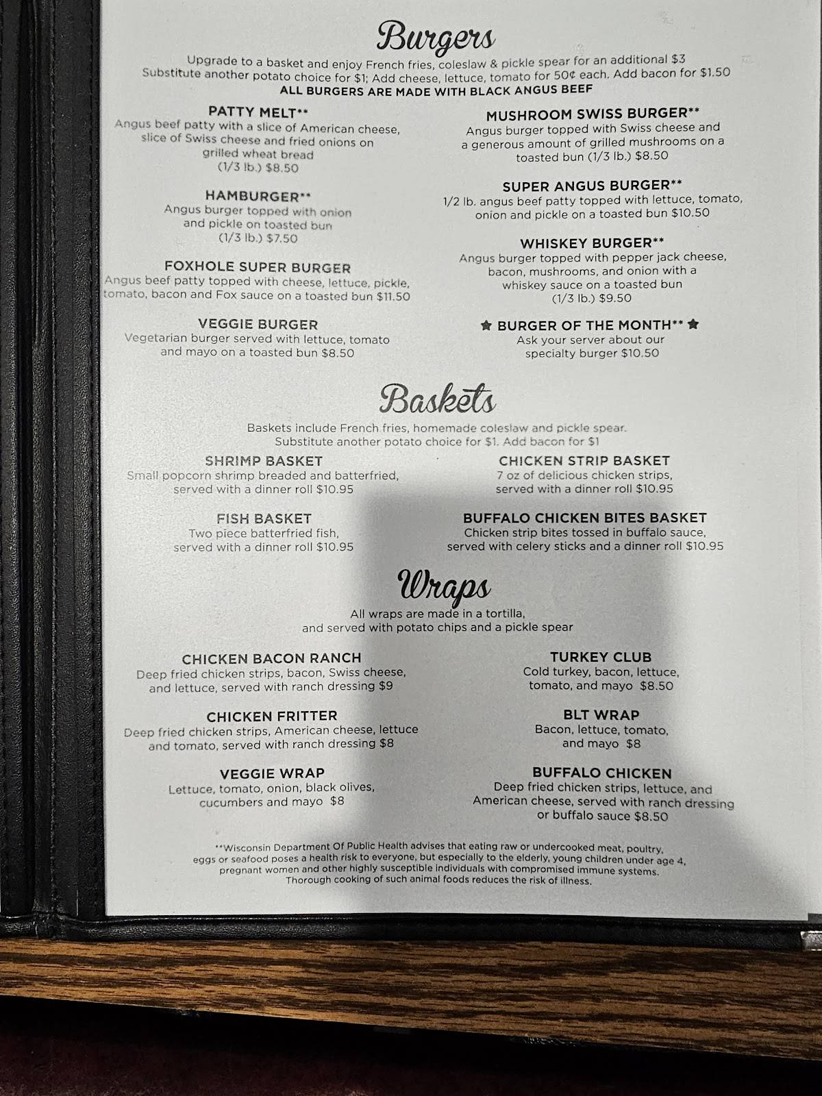 Menu at Foxhole Pub, Sparta