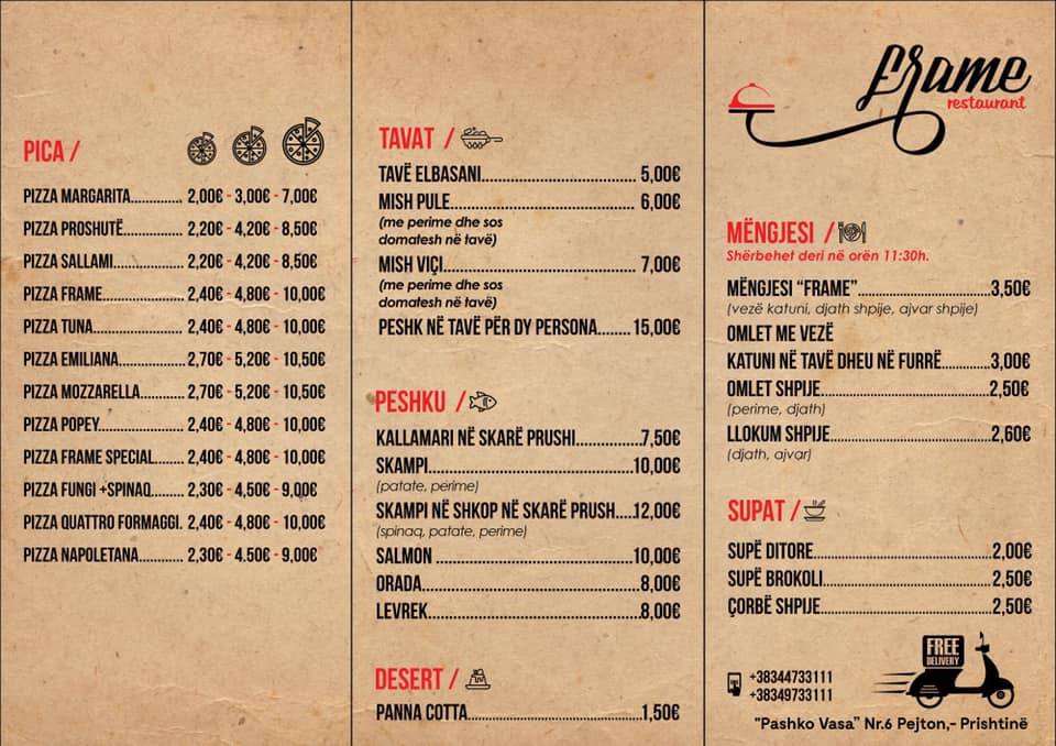 Menu at Frame restaurant, Prishtina