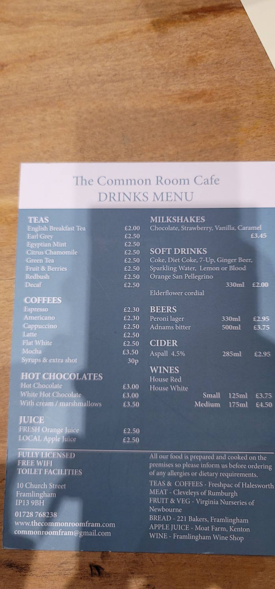 Menu at Common Room Café pub & bar, Framlingham