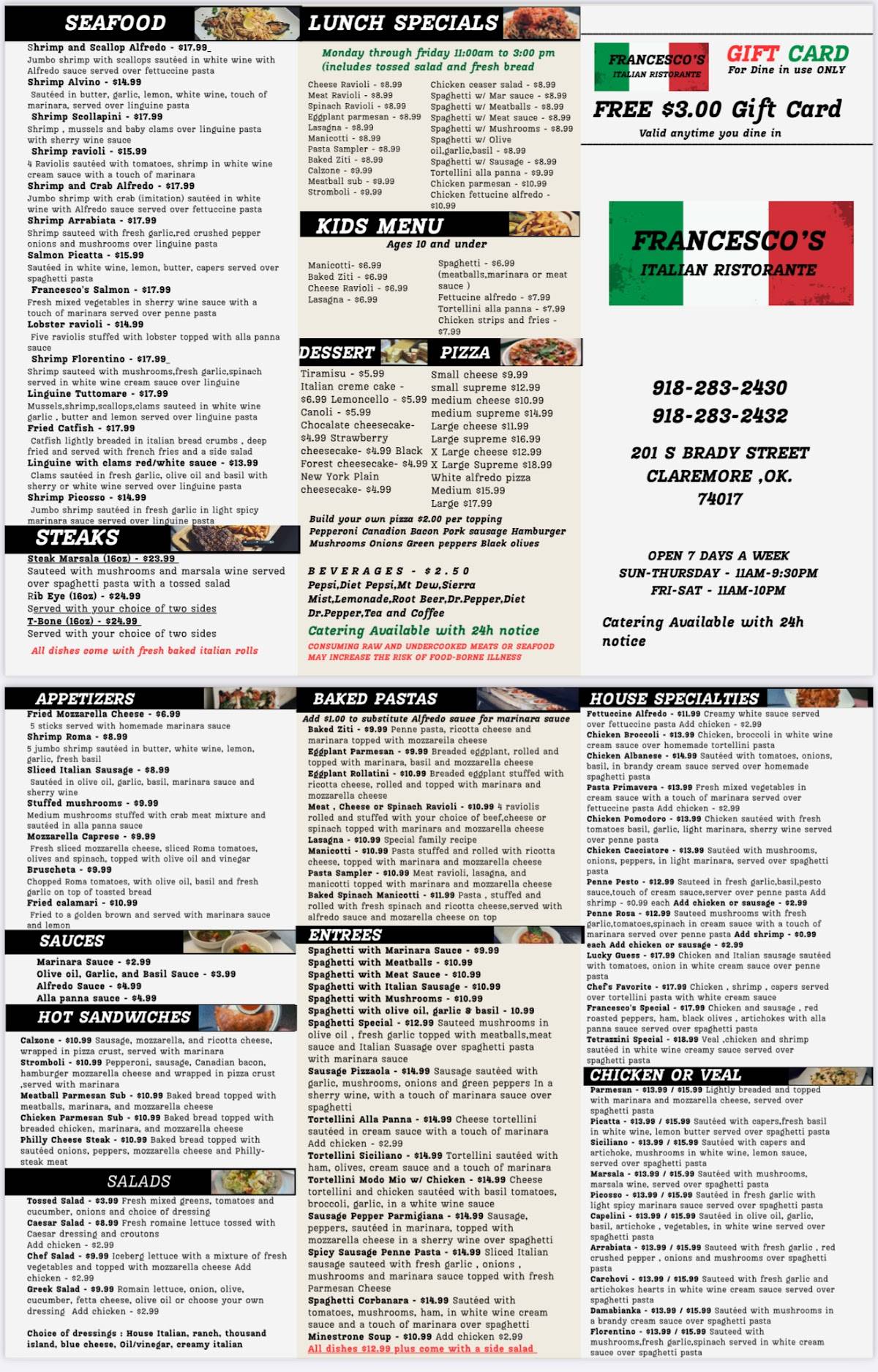 Menu at Francesco's pizzeria, Claremore