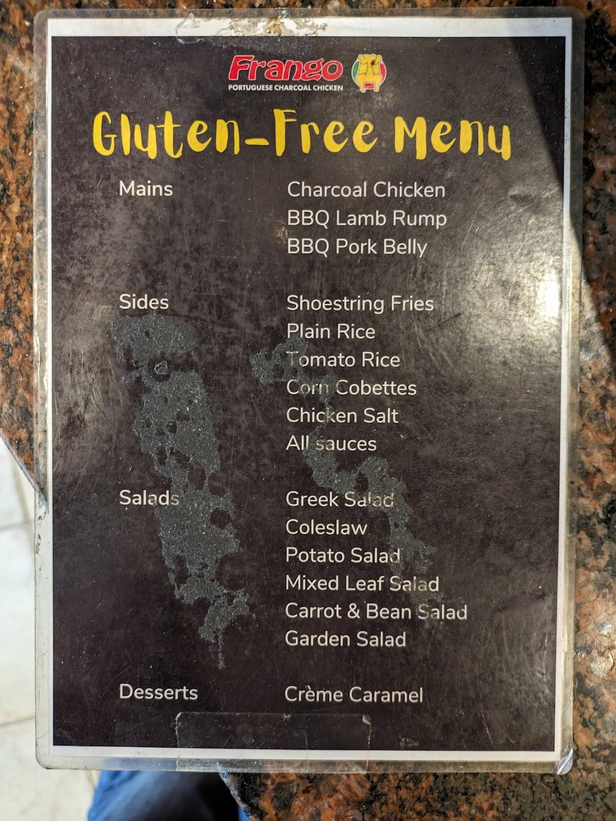 Menu at Frango Petersham restaurant, Petersham