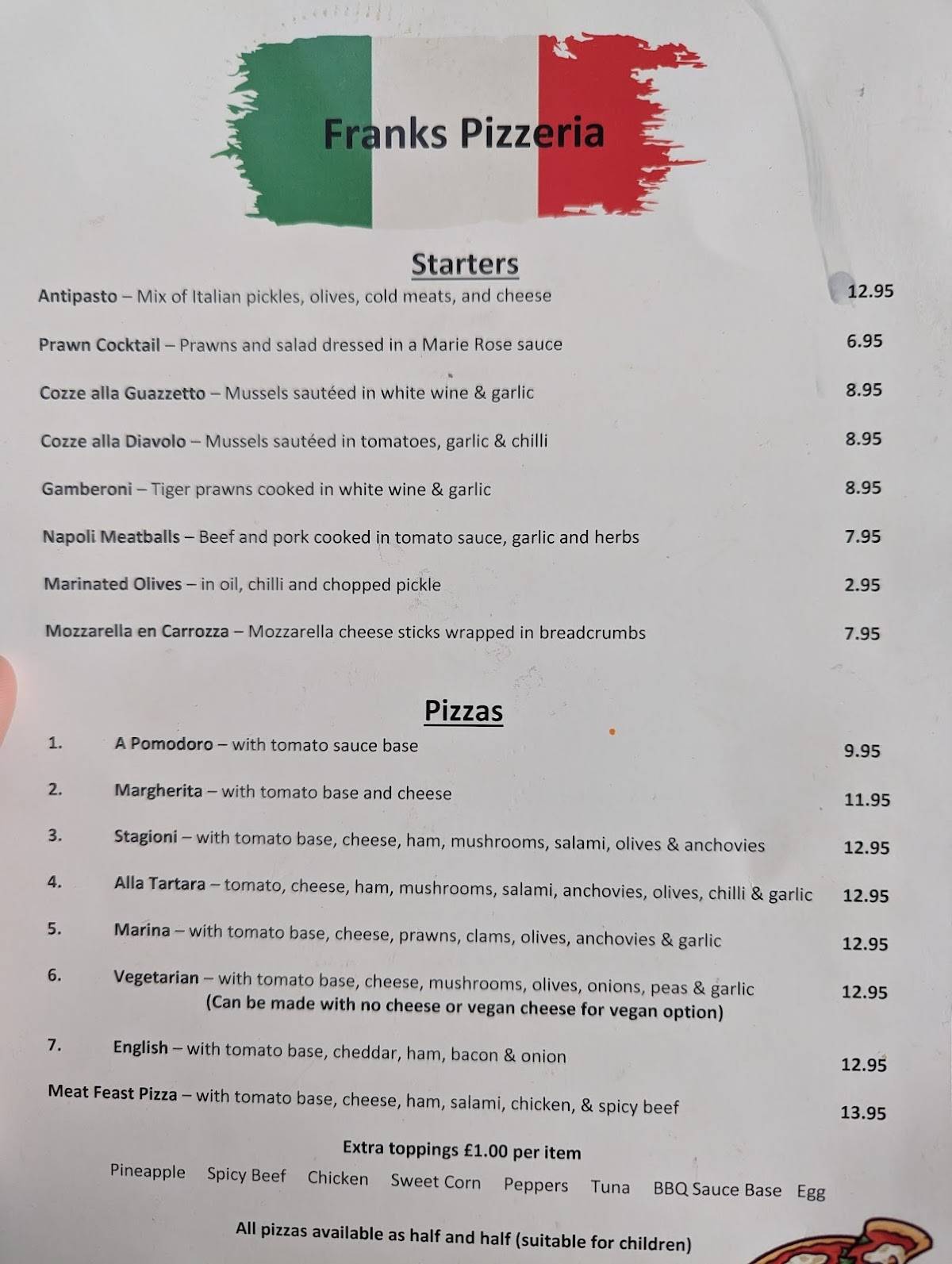 Menu at Franks Pizzeria, Kettering, 155 Havelock St