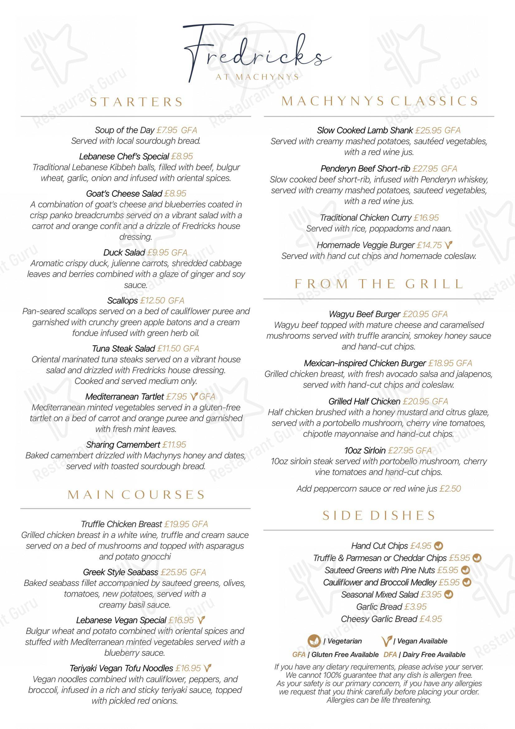 Menu at Fredricks Bar & Brasserie, Llanelli, Machynys Peninsula Golf Club
