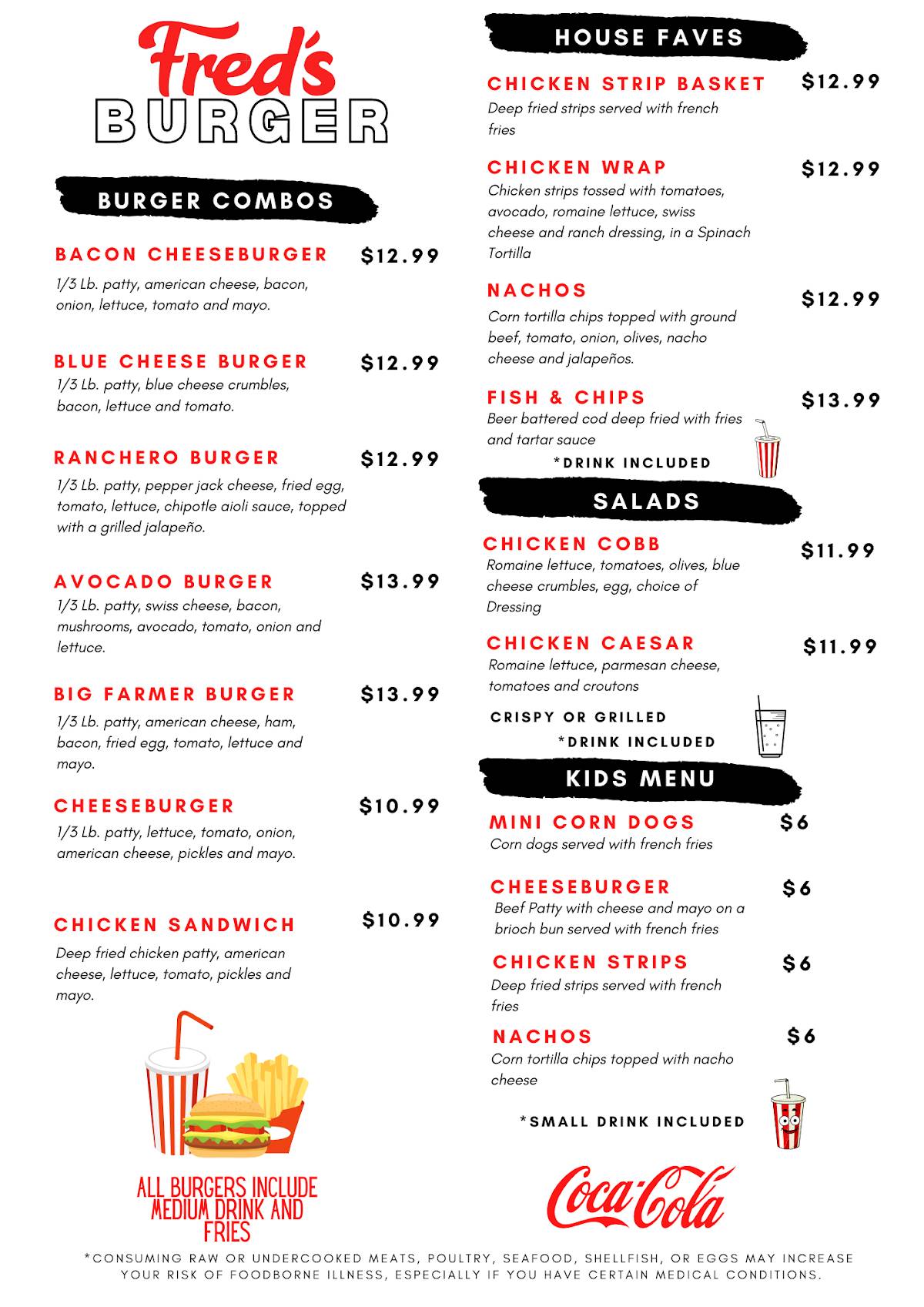 Menu at Fred's Burger restaurant, Zillah