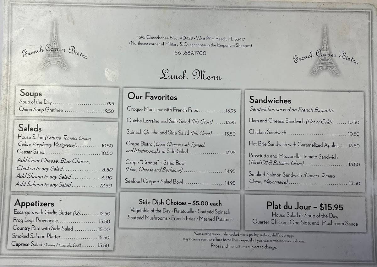 Menu at French Corner Bistro restaurant, West Palm Beach
