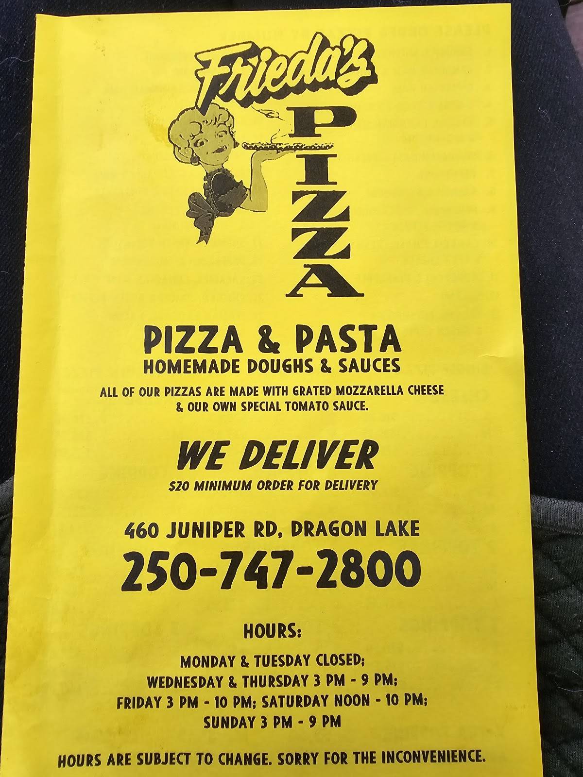 Menu at Frieda's Pizza pizzeria, Quesnel