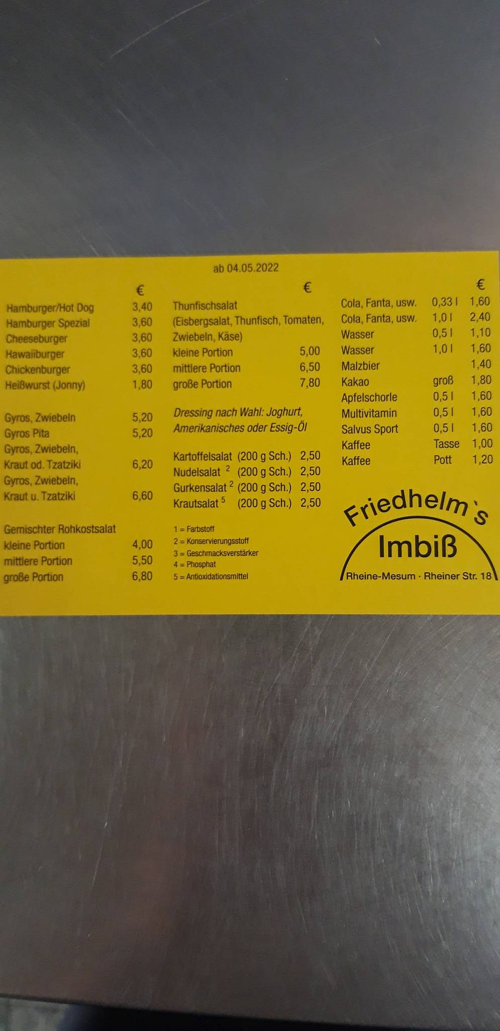 Speisekarte von Friedhelm's Schnellimbiß fast Food, Rheine, Alte ...