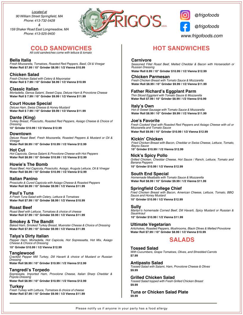 Menu at Frigo Foods restaurant, East Longmeadow