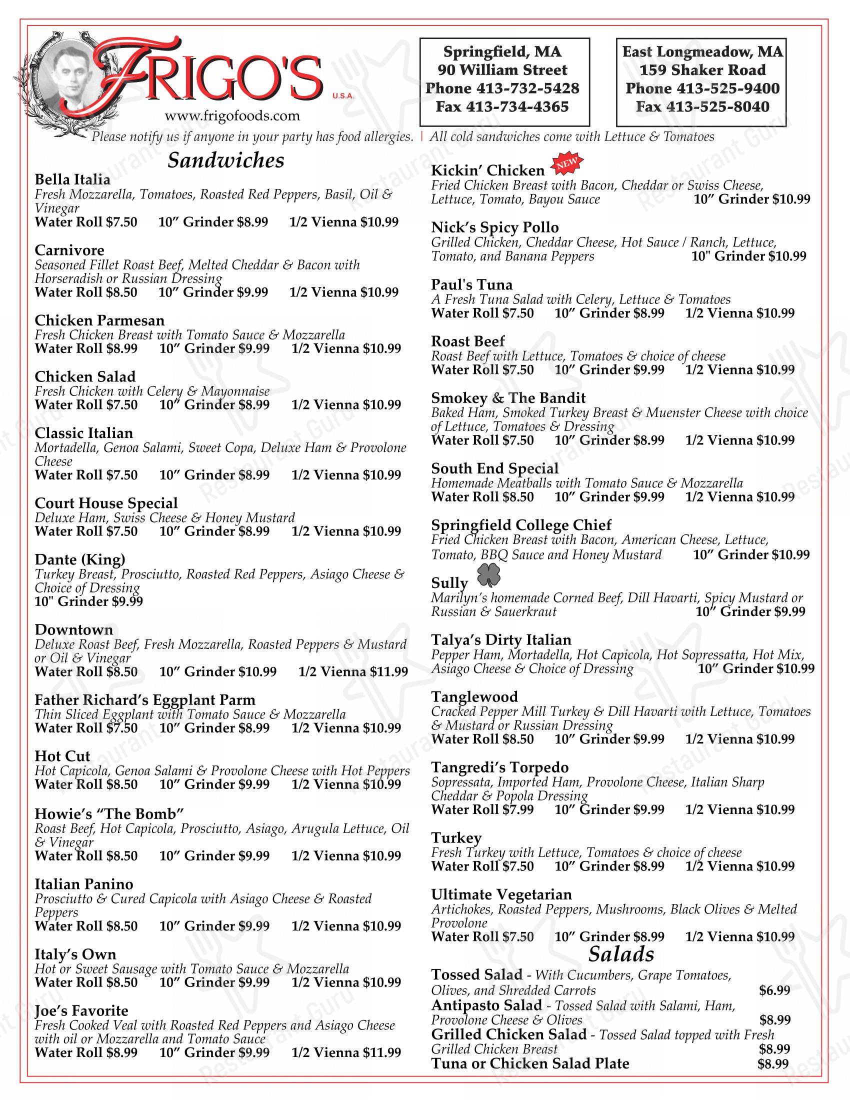 Menu at Frigo Foods restaurant, East Longmeadow