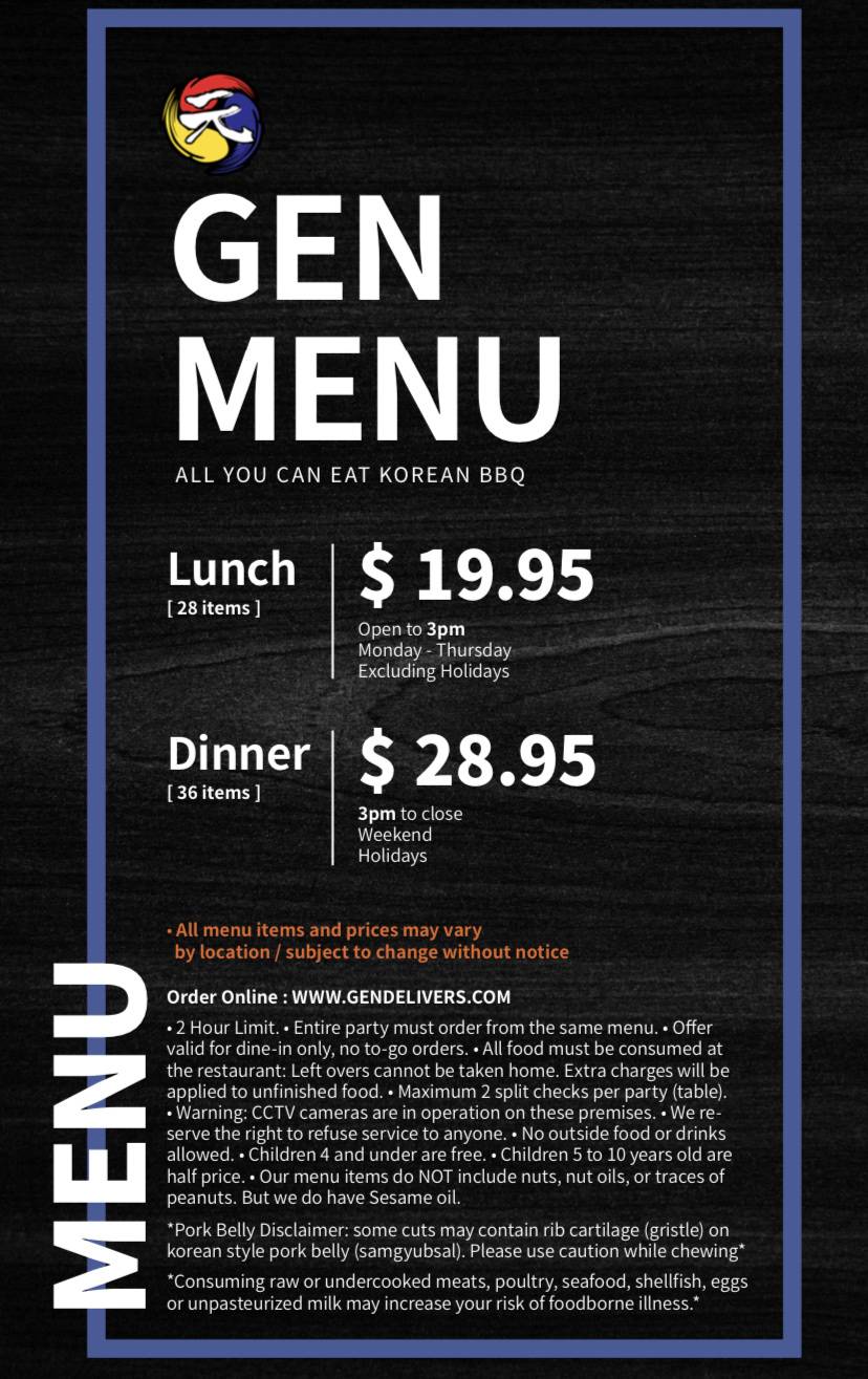 Menu at Gen Korean BBQ House, Frisco