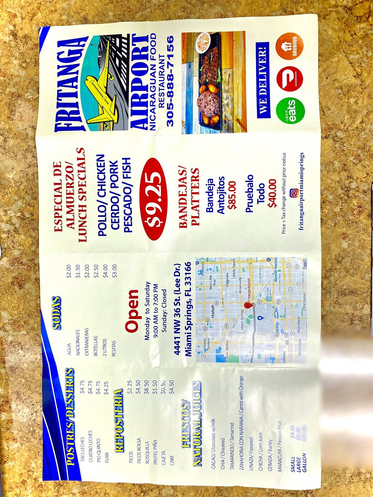 Menu at Fritanga Airport pub & bar, Miami Springs, NW 36th St