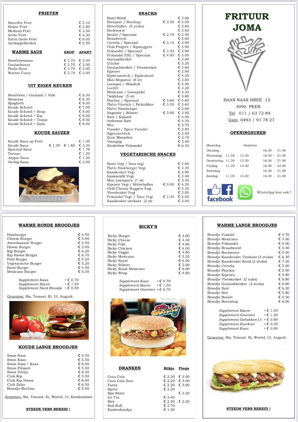 Menu at Frituur Joma, Peer