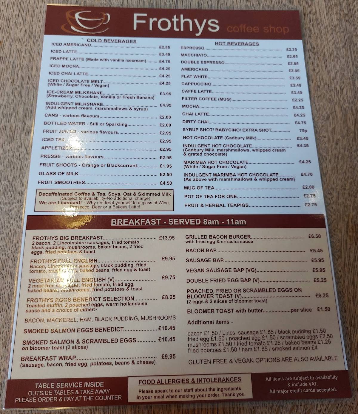 Menu at Frothys Coffee Shop cafe, Stamford