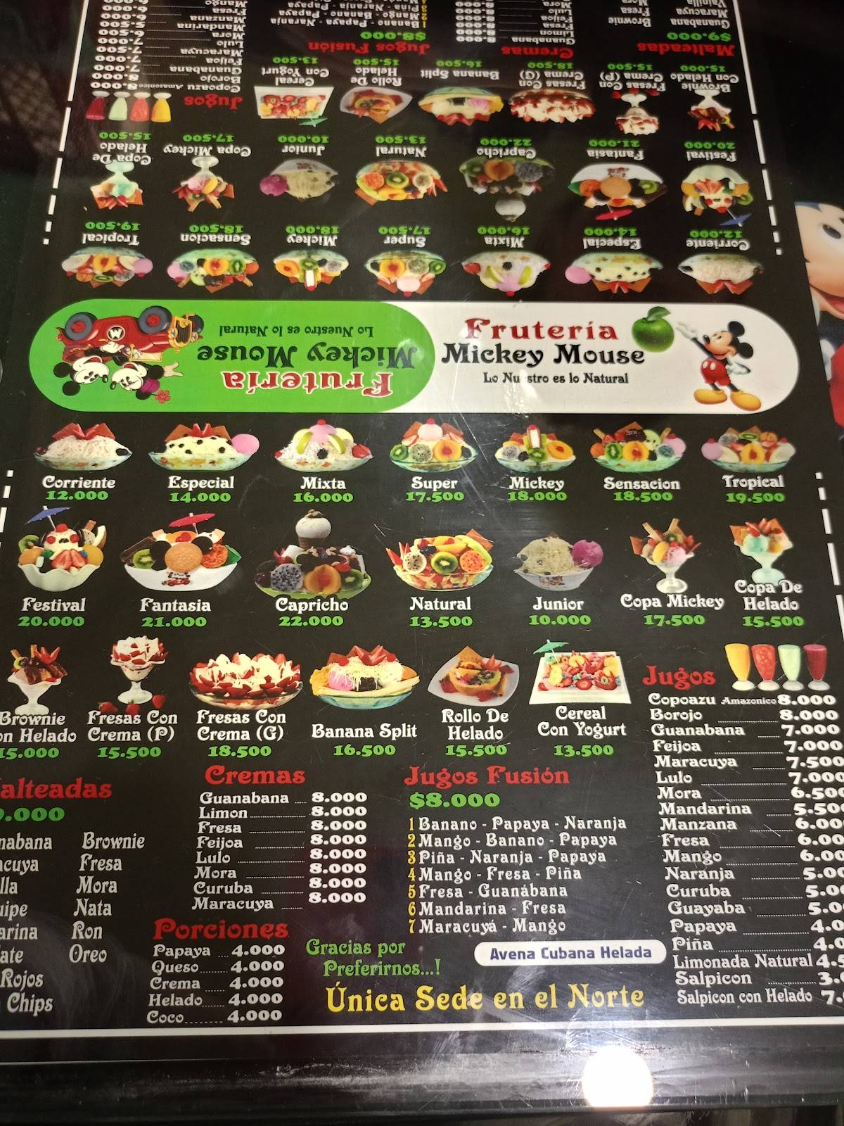 Carta del restaurante Frutería Mickey Mouse, Bogotá, Cra. 91 #135b-5