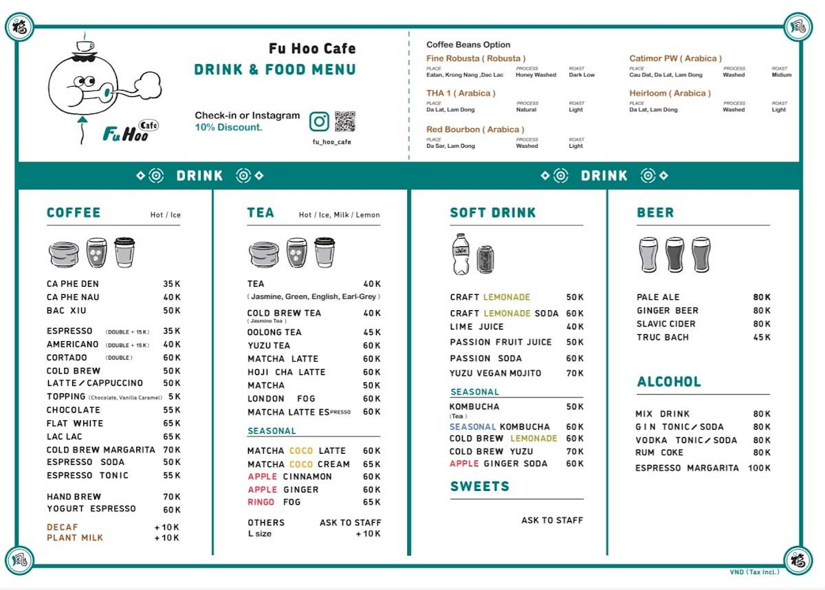 Menu at Fu Hoo Cafe, Hanoi