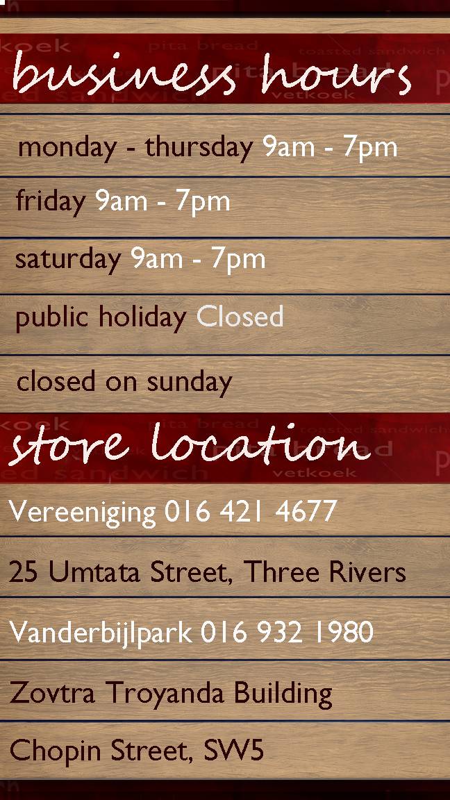 Menu at Fudgee'z Vetkoek Vereeniging restaurant, Vereeniging