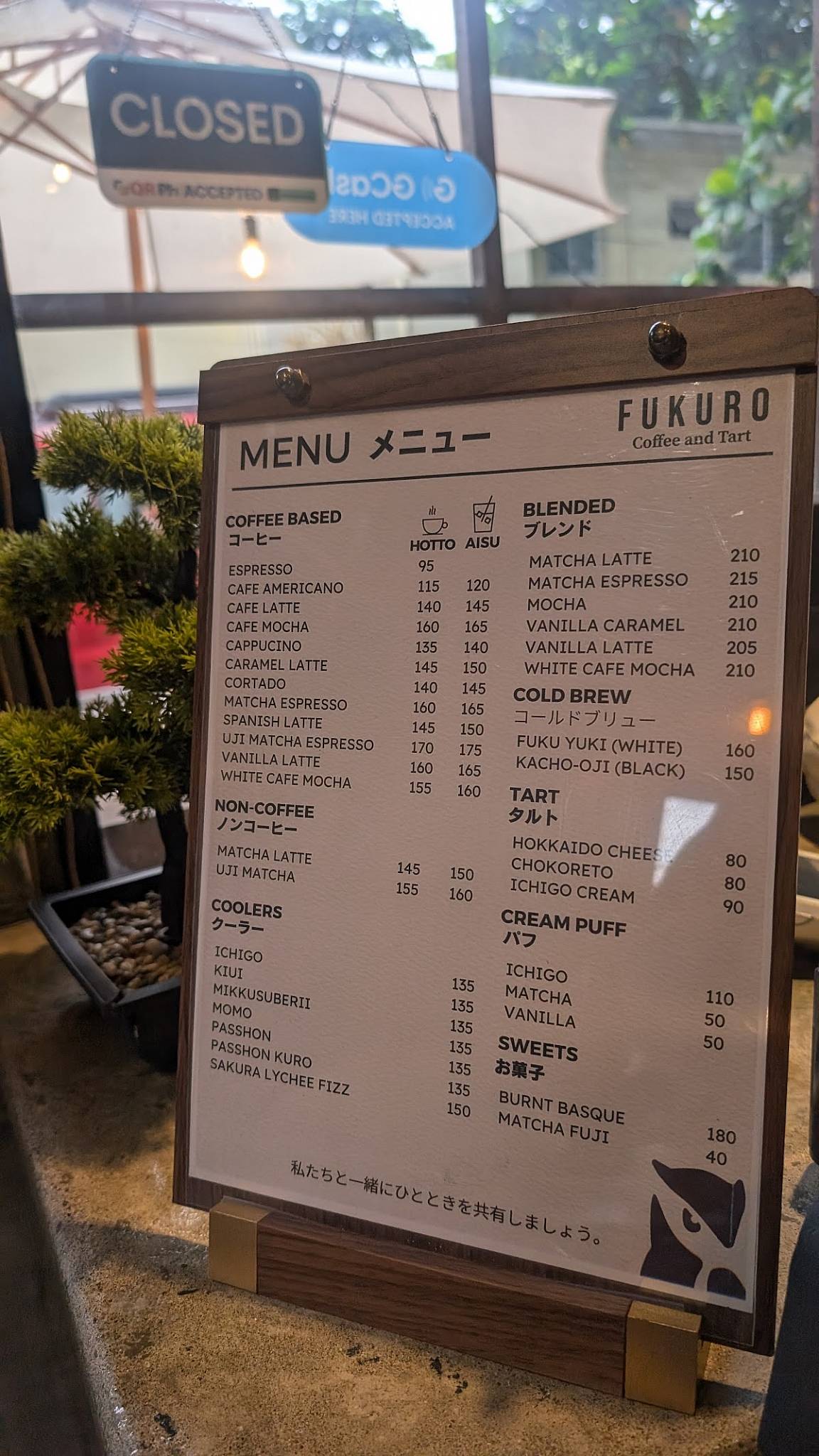 Menu at Fukuro Coffee and Tart restaurant, Cagayan de Oro