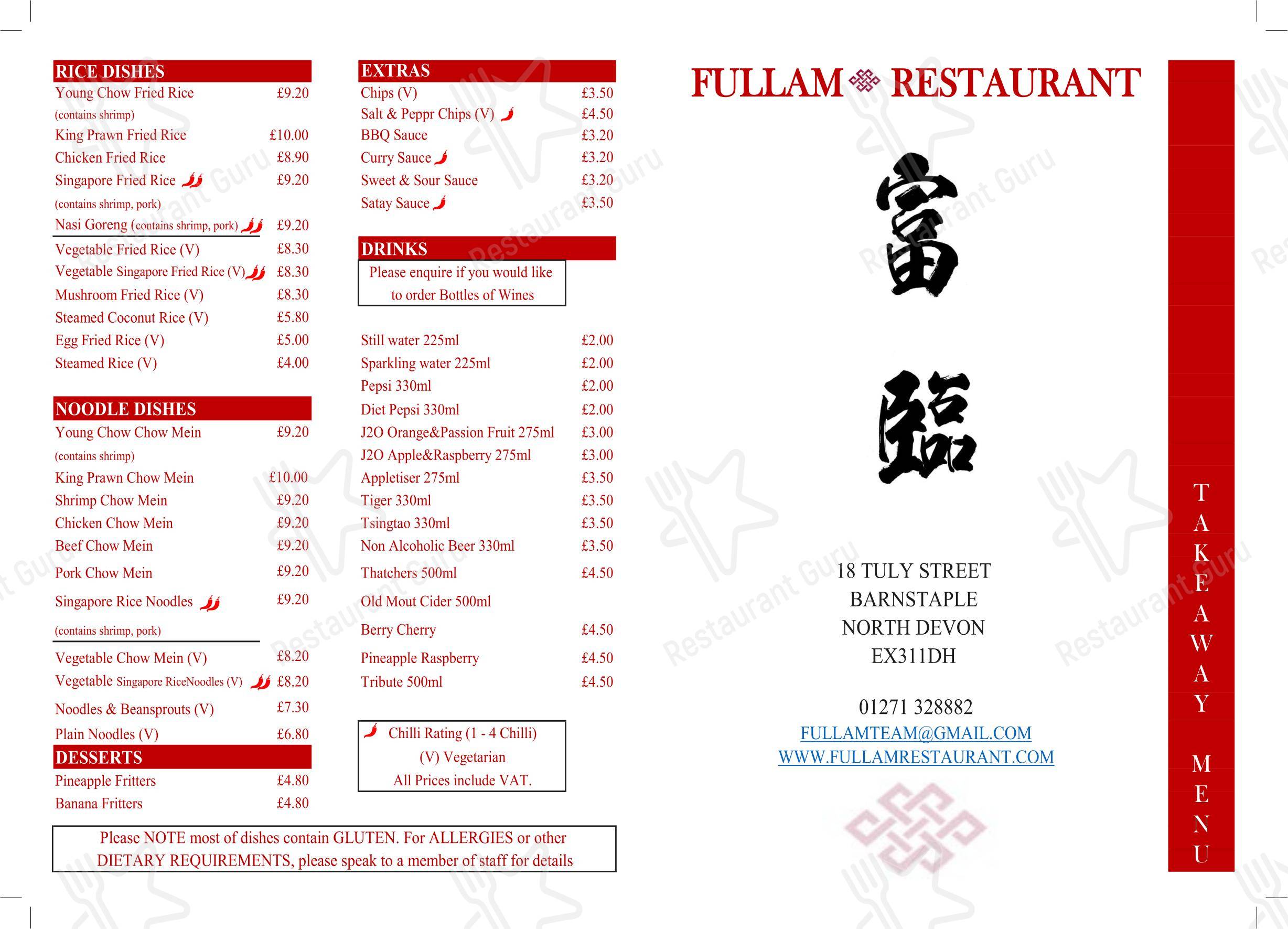 Menu at Fullam Restaurant, Barnstaple