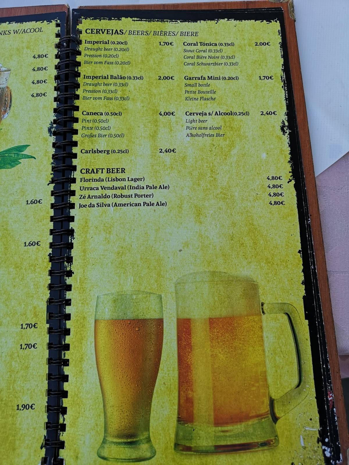 Menu at Banana's Pub, Funchal