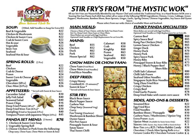 Menu at Funky Panda Chinese Food & Sushi Bar, Pretoria