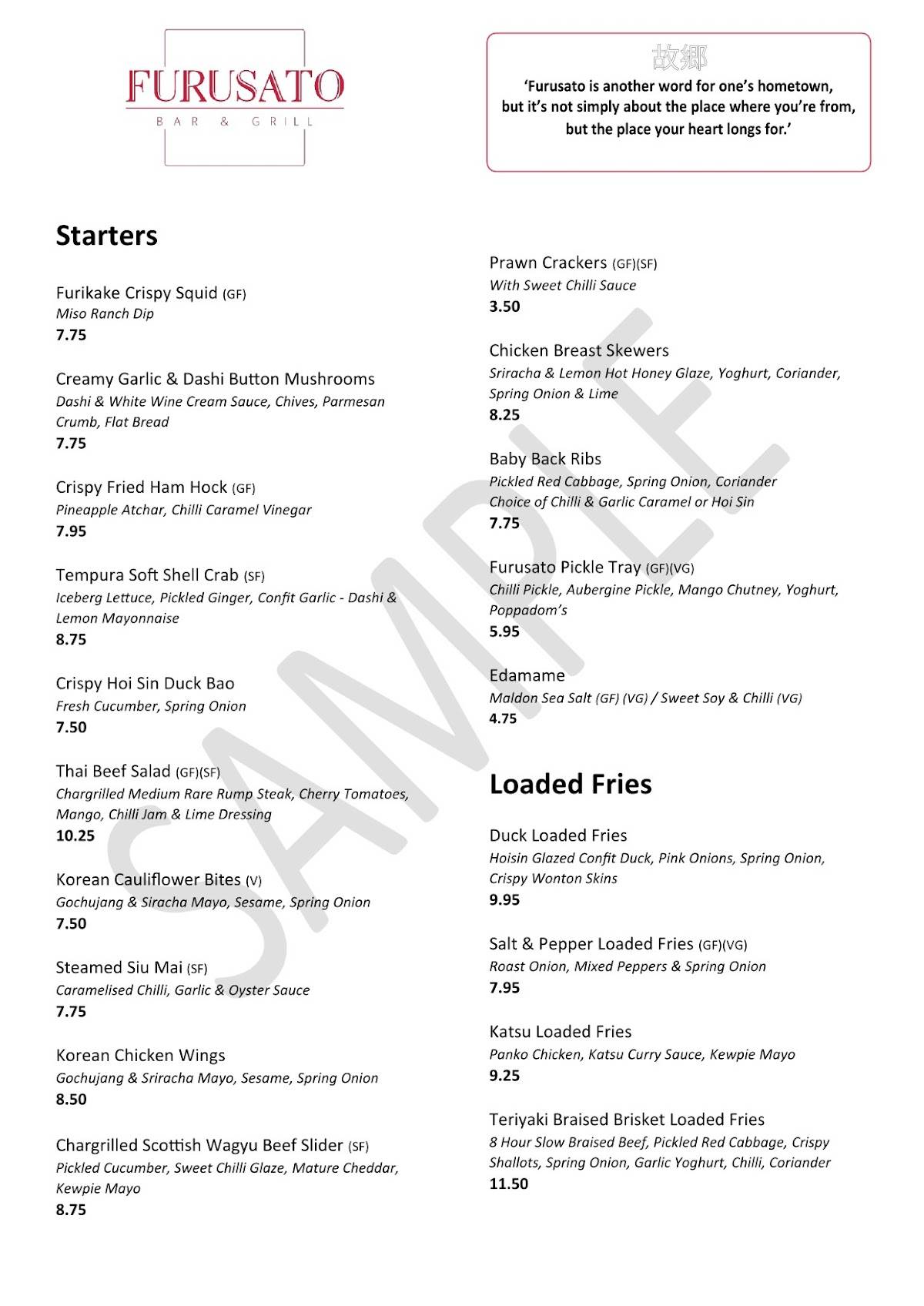 Menu at Furusato Bar & Grill, Liverpool