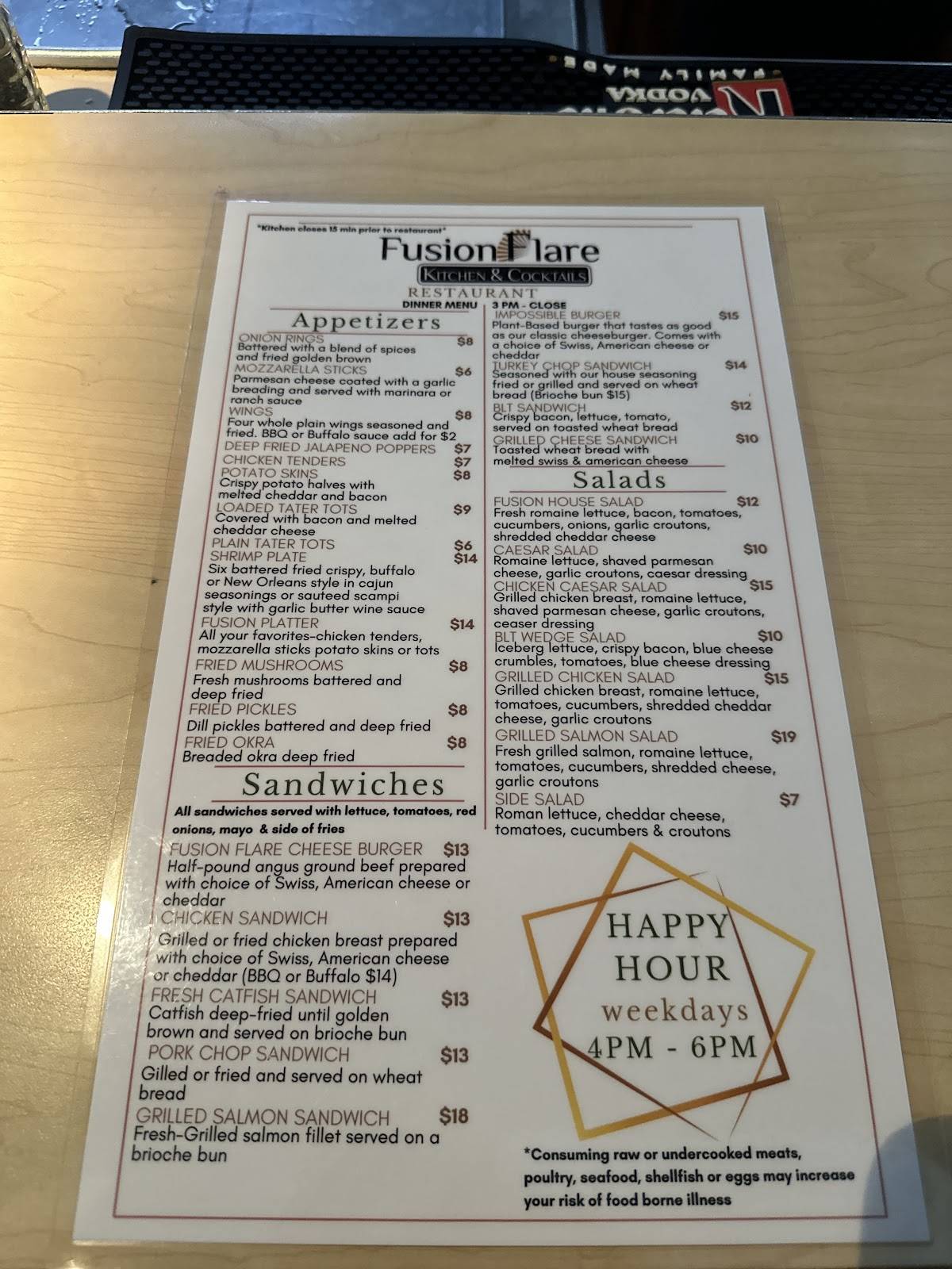 Carta del pub y bar Fusion Flare Kitchen & Cocktails, Detroit