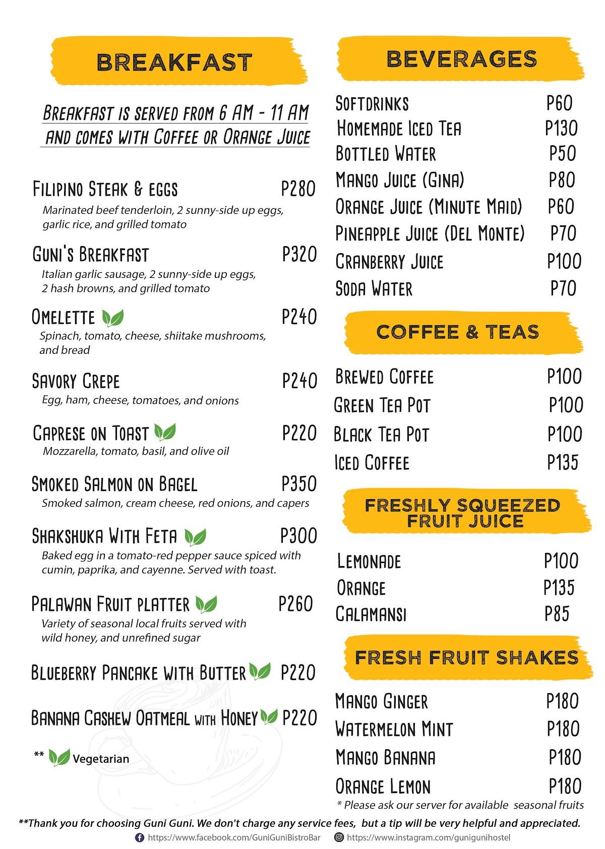 Menu at GUNI GUNI BISTRO restaurant, Puerto Princesa, 263 Manalo St