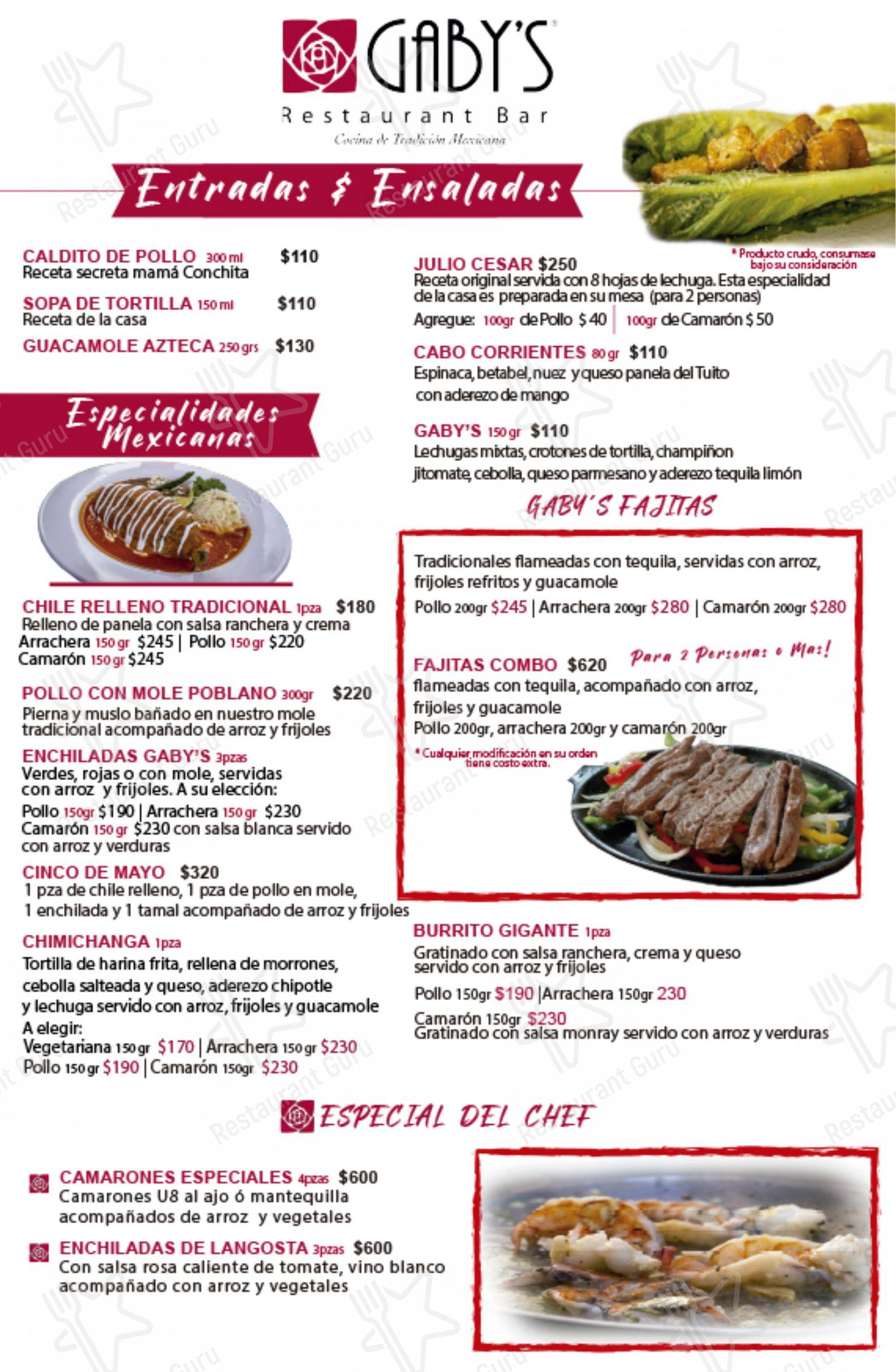 Menu at Gaby's Restaurant, Puerto Vallarta, Calle Mina 252