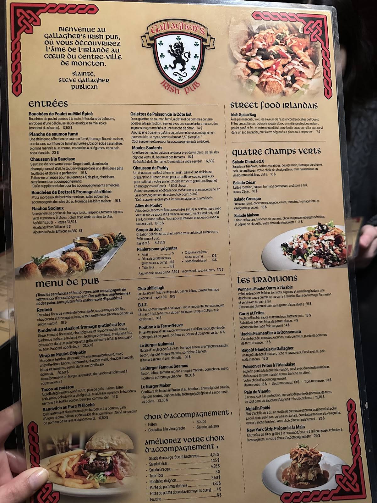 Menu at Gallagher's Irish Pub, Moncton