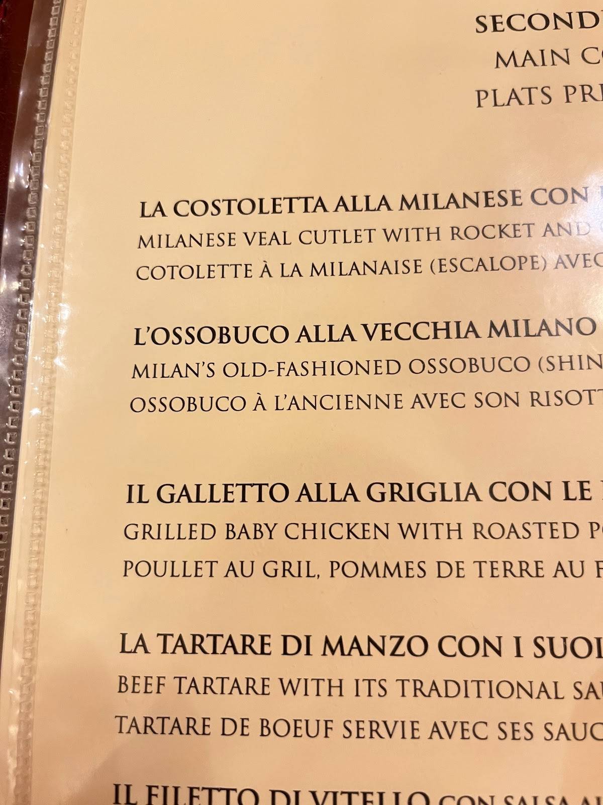 Menu at Ristorante Galleria, Milan