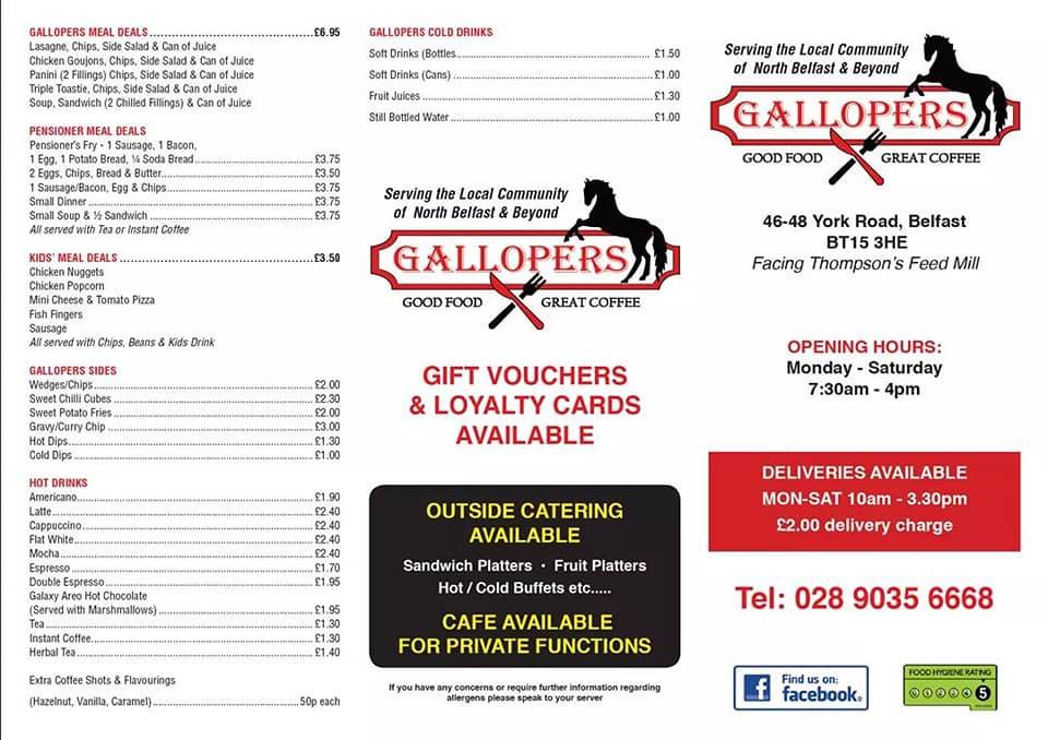 Menu at Gallopers fast food, Belfast