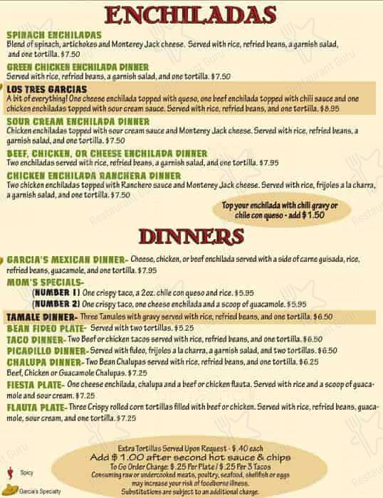 Menu at Garcia's Mexican Restaurant, Kyle