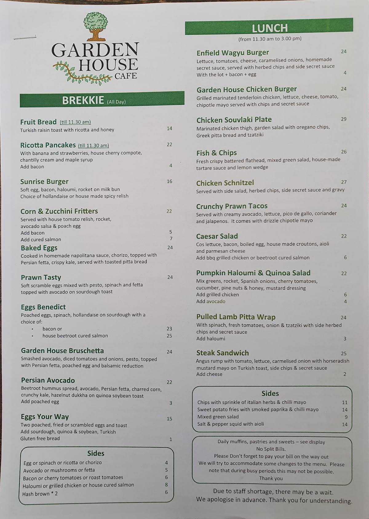 Menu at Garden House Cafe, Enfield