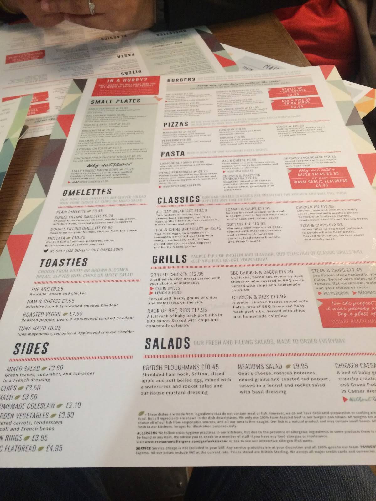 Menu at Garfunkel's restaurant, Crawley, London Gatwick Airport