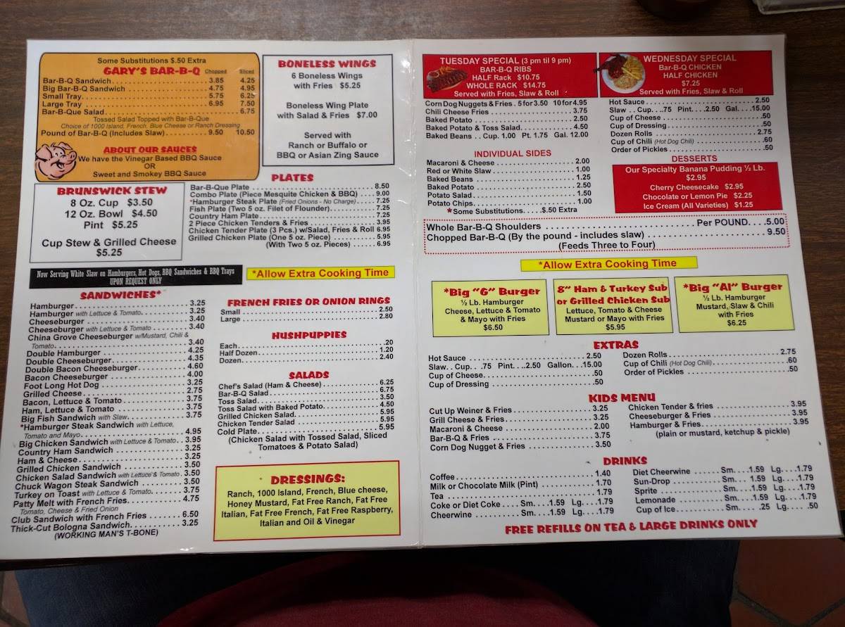Menu at Gary's Bar-B-Cue, China Grove, 620 US-29