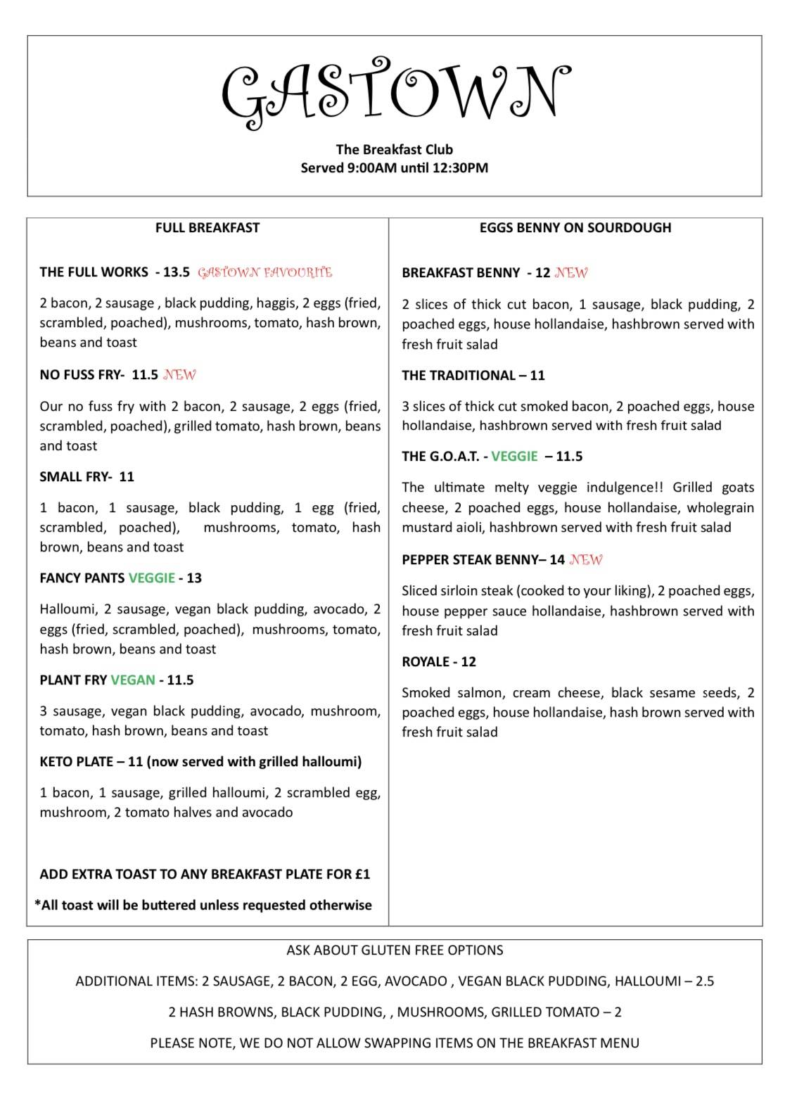 Menu at Gastown Cafe Bar, Macclesfield