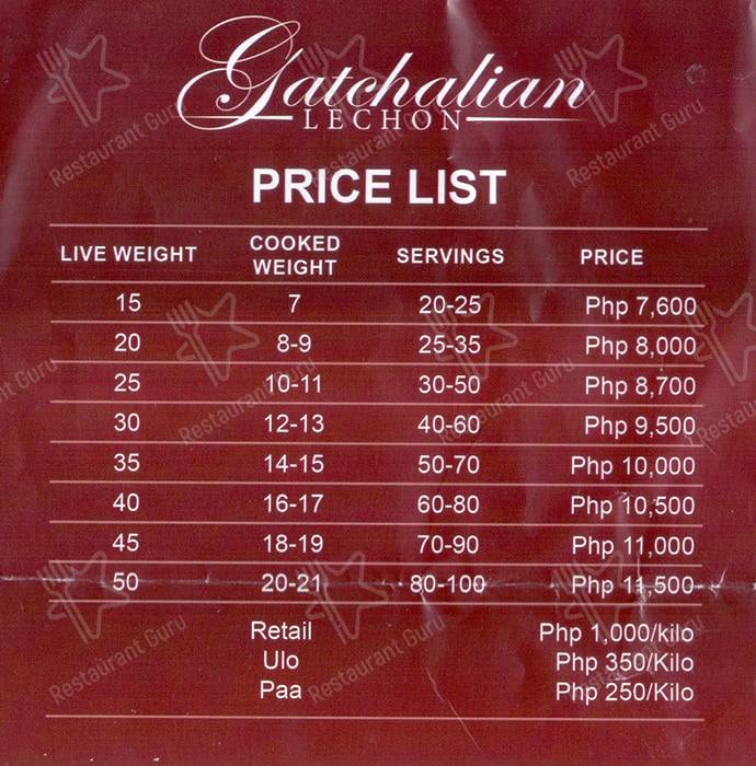 Menu at Gatchalian Lechon restaurant, Mandaluyong