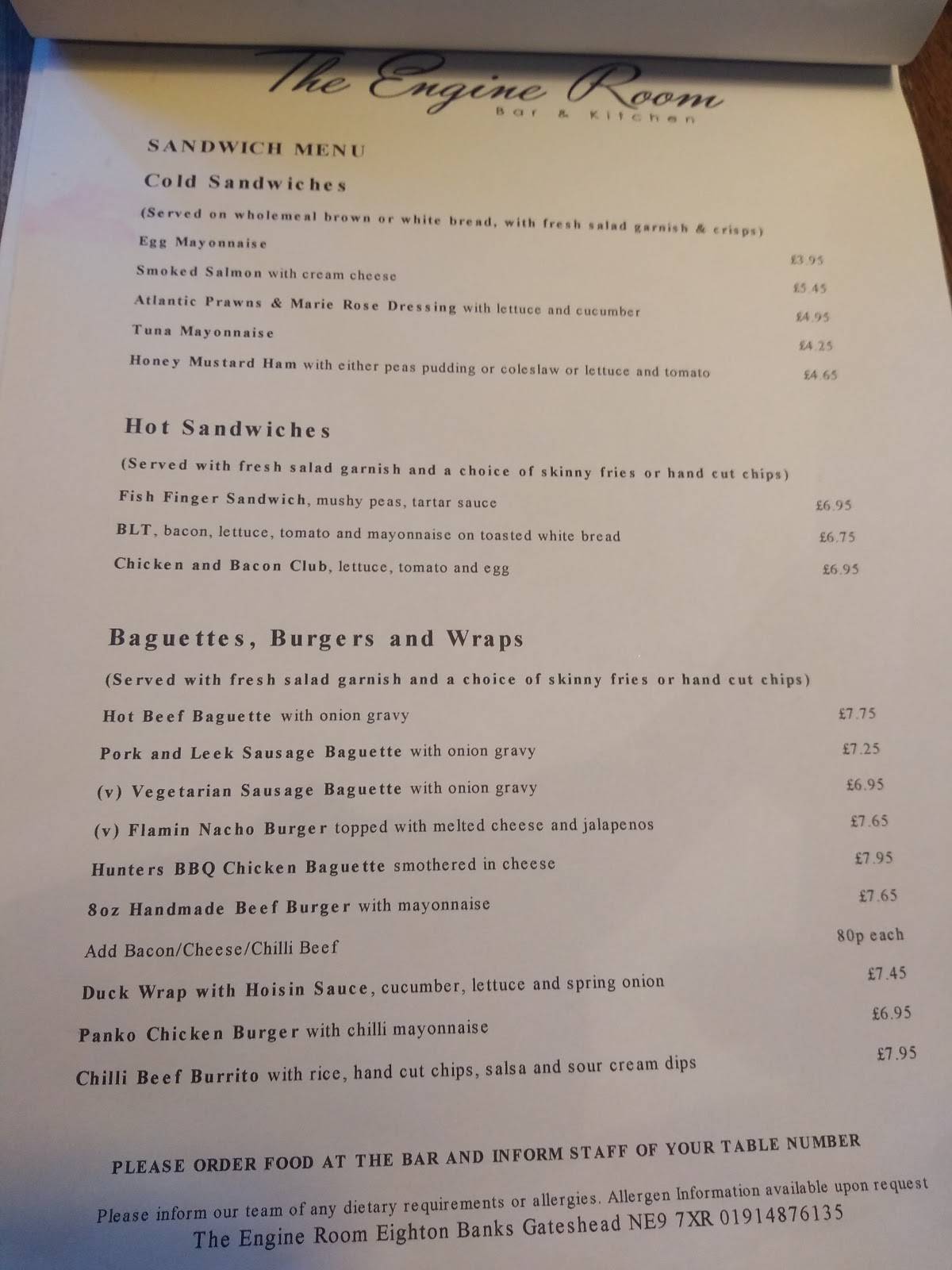 Menu at The Engine Room pub & bar, Gateshead